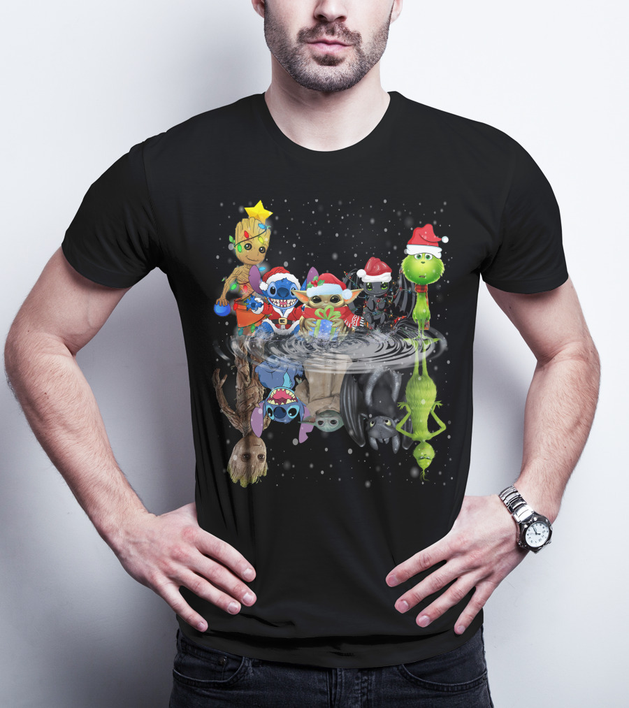 Groot Stitch Yoda Grinch Christmas Reflection T-Shirt