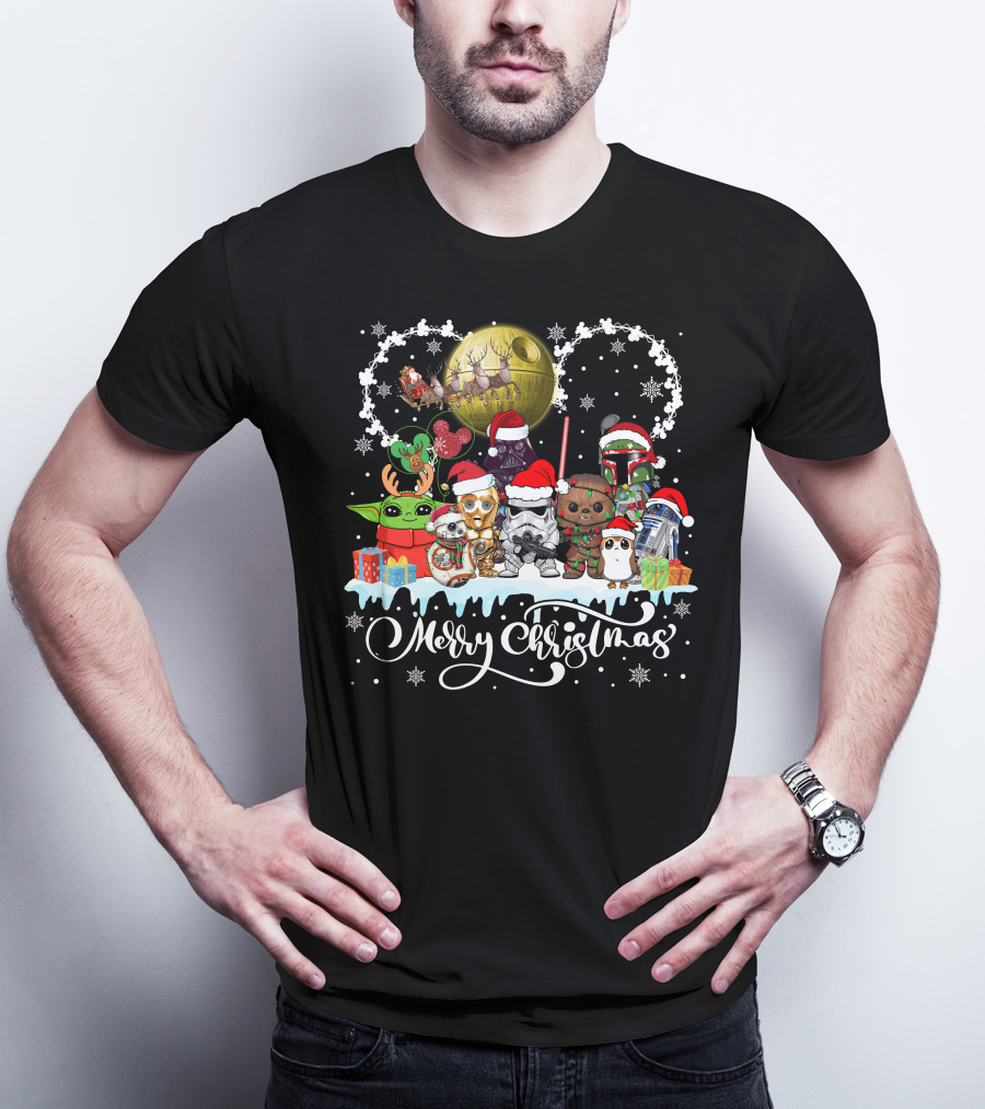 Merry Christmas Star Warss Characters Santa Hats Snowflakes T-Shirt