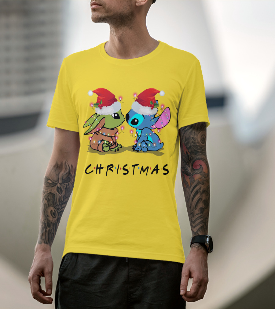 Christmas Yoda And Stitch Santa Hats T-Shirt