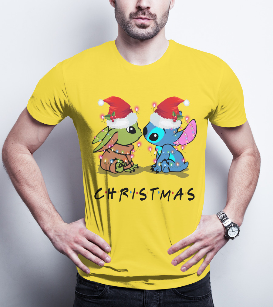 Christmas Yoda And Stitch Santa Hats T-Shirt