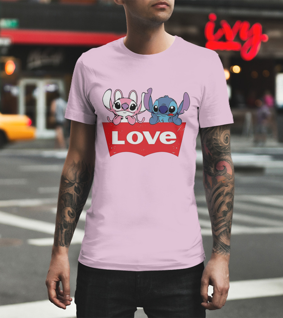 Stitch Love Pink And Blue Character Red Love Block T-Shirt