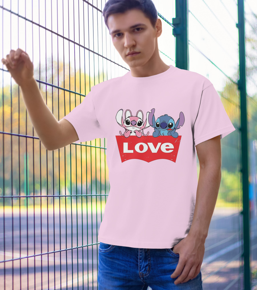 Stitch Love Pink And Blue Character Red Love Block T-Shirt