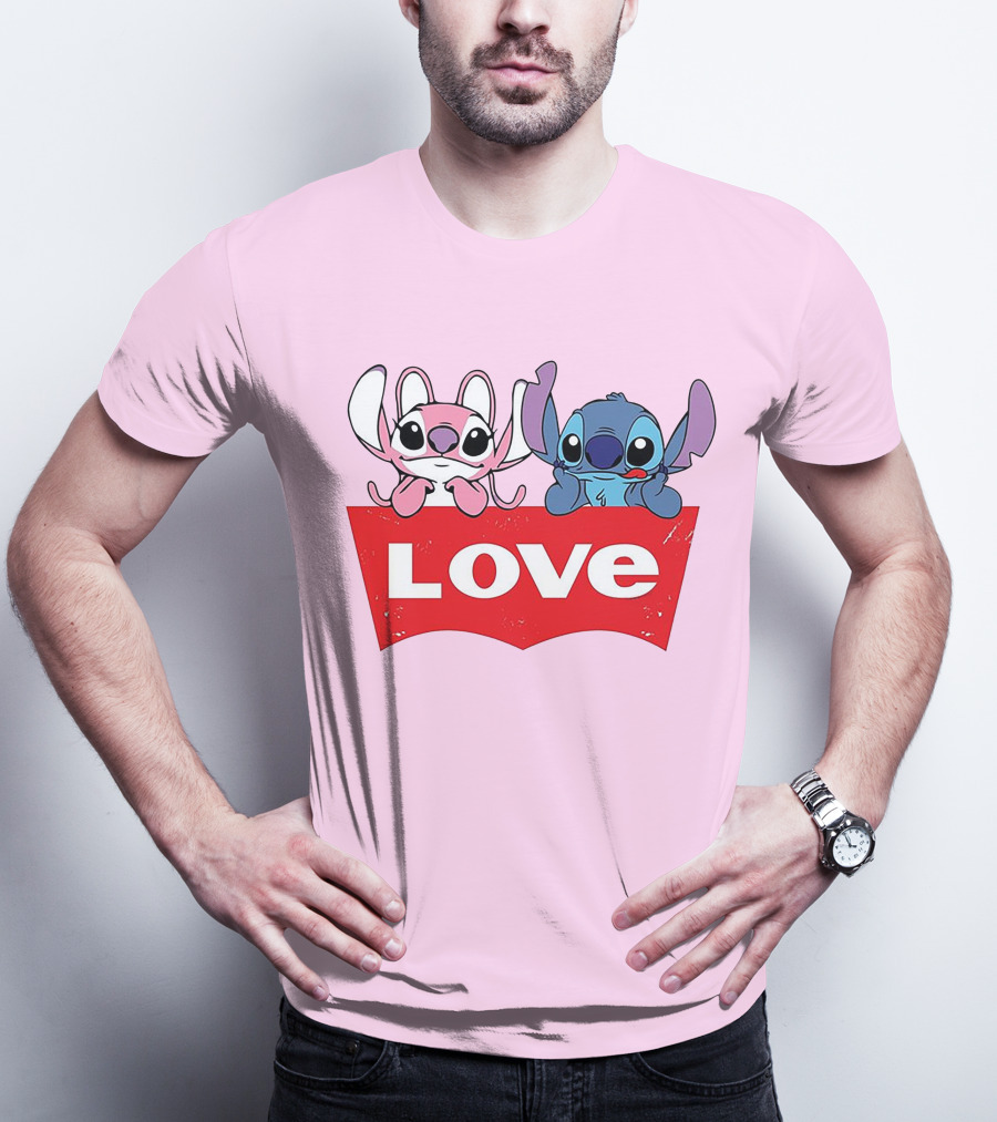 Stitch Love Pink And Blue Character Red Love Block T-Shirt