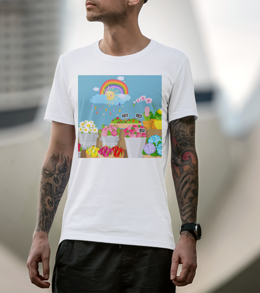 April Showers Brings May Flowers Rainbow And Colorful Blooms Scene T-Shirt