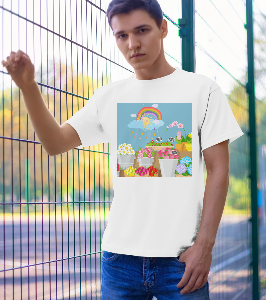 April Showers Brings May Flowers Rainbow And Colorful Blooms Scene T-Shirt
