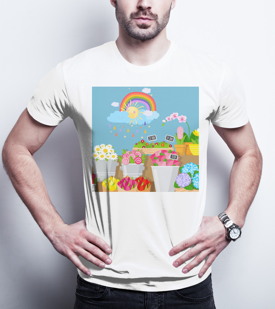 April Showers Brings May Flowers Rainbow And Colorful Blooms Scene T-Shirt
