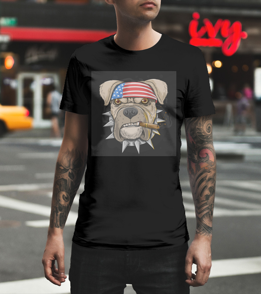 American Flag Bandana Bulldog With Cigar And Spiked Collar T-Shirt