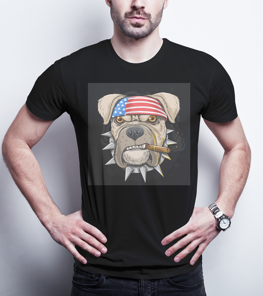 American Flag Bandana Bulldog With Cigar And Spiked Collar T-Shirt