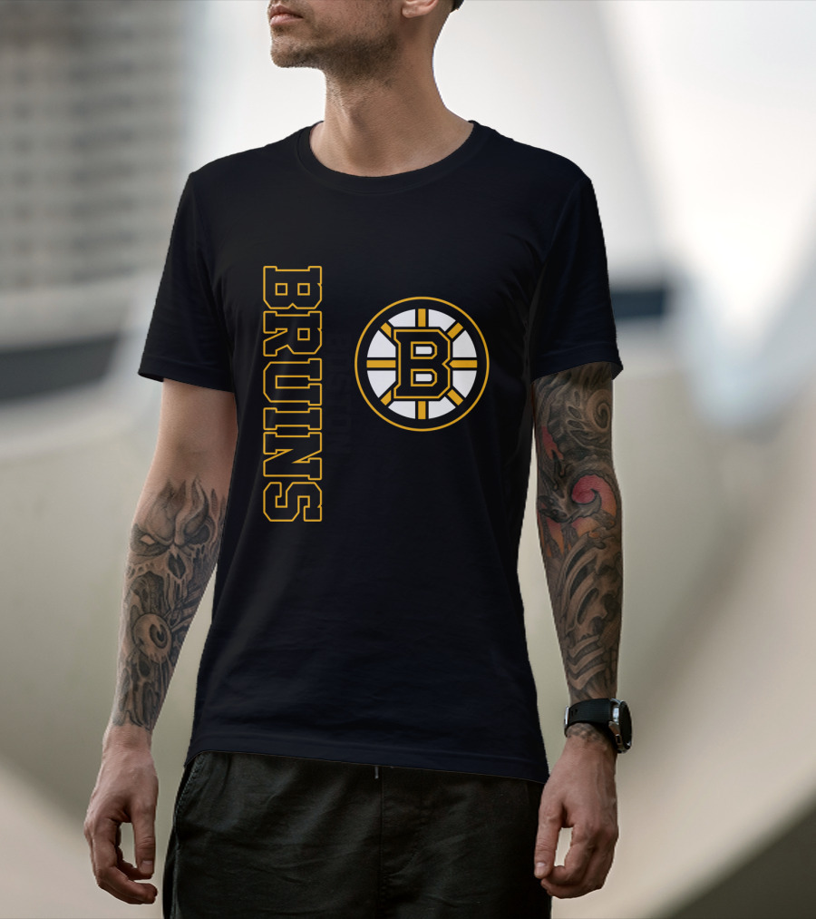Boston Bruins Hockey Vertical Text With Iconic Circle Emblem T-Shirt