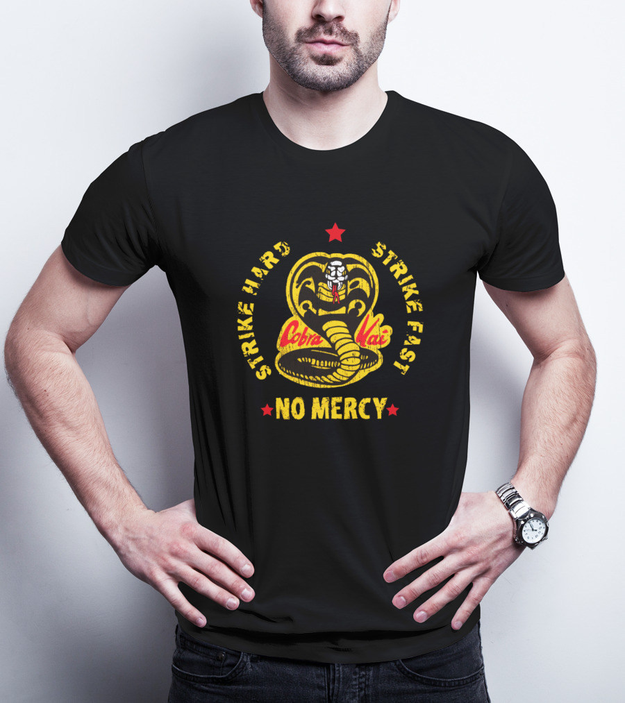 Cobra Kai Strike Hard Strike Fast No Mercy Logo With Red Star And Coiled Cobra T-Shirt