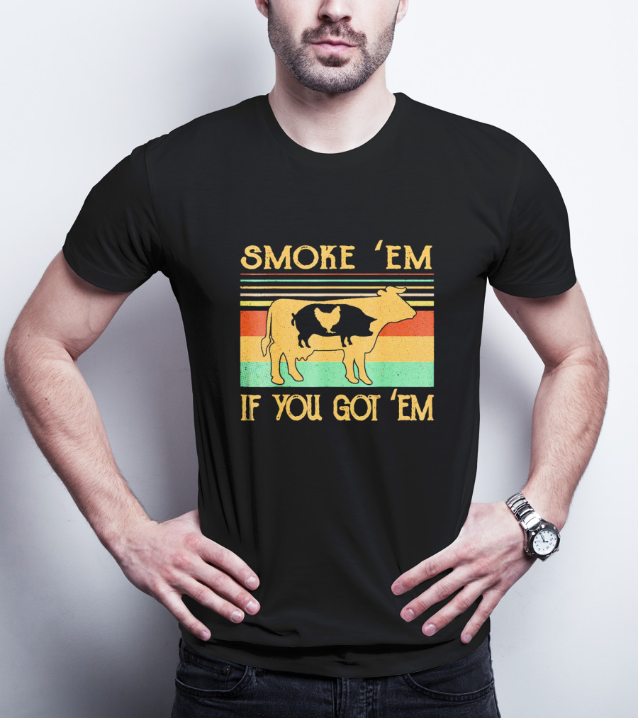 Smoke Em If You Got Em Vintage Cow Pig Chicken Retro Barbecue Stripes T-Shirt