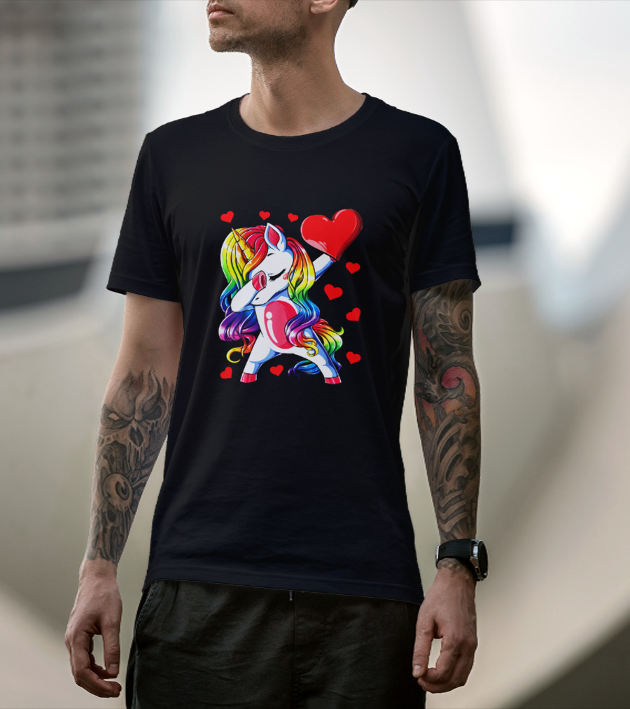 Rainbow Dabbing Unicorn Heart Valentines Day Girls T-Shirt