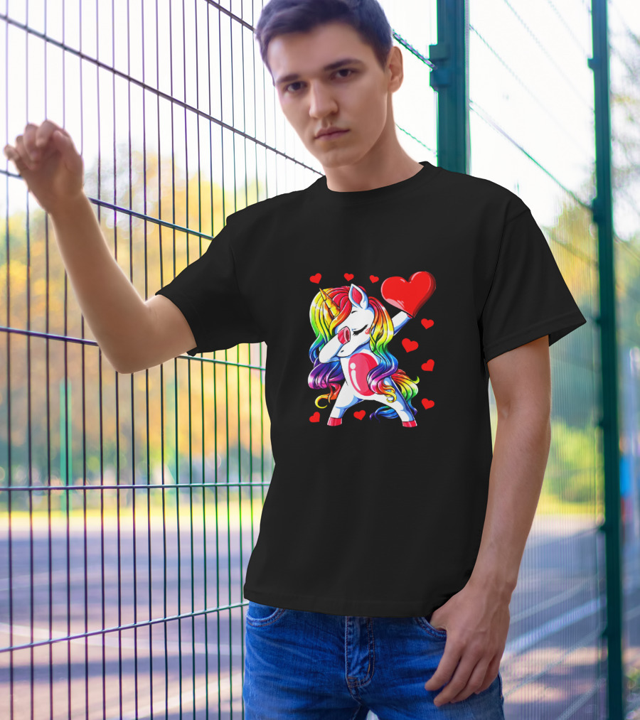 Rainbow Dabbing Unicorn Heart Valentines Day Girls T-Shirt