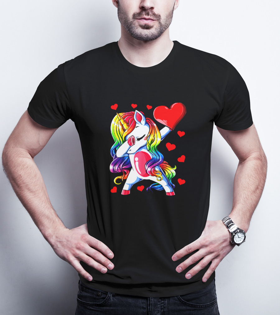 Rainbow Dabbing Unicorn Heart Valentines Day Girls T-Shirt