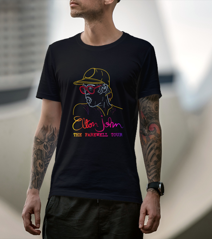 Elton John The Farewell Tour Neon Art With Glasses And Hat T-Shirt