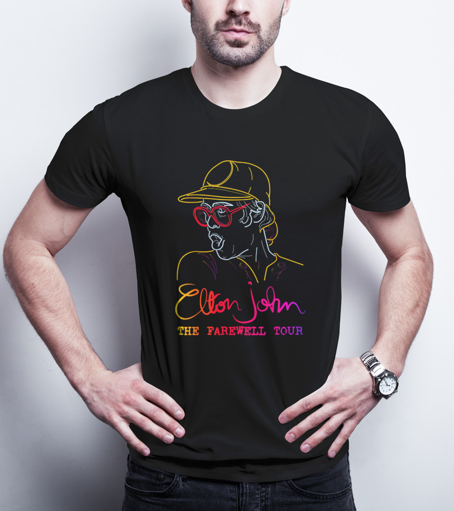 Elton John The Farewell Tour Neon Art With Glasses And Hat T-Shirt