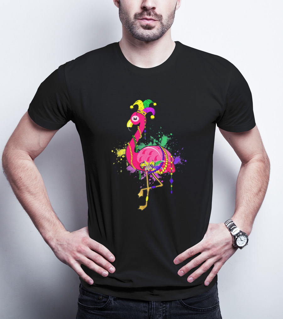 Mardi Gras Flamingo With Jester Hat And Beads On Colorful Splatter Background T-Shirt