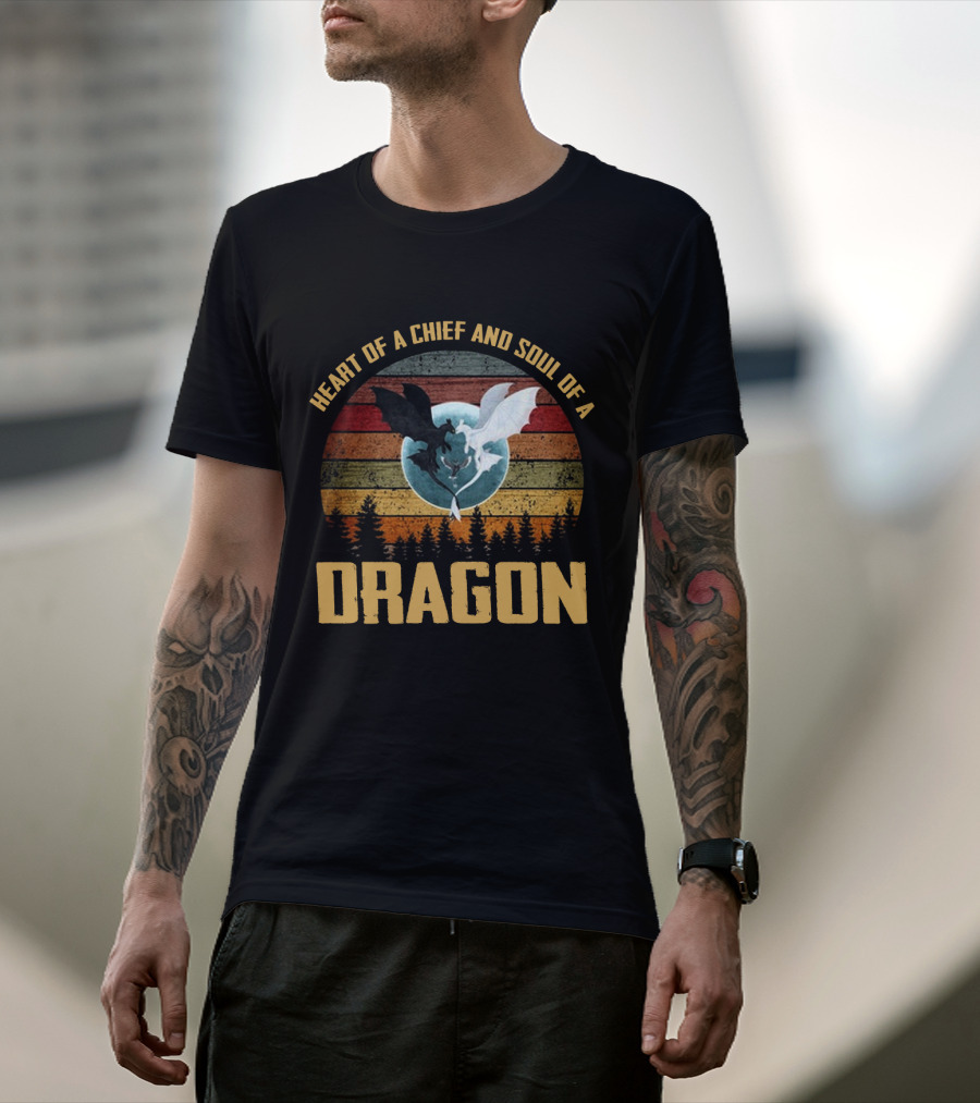 Heart Of A Chief And Soul Of A Dragon With Silhouette Of Two Dragons On Retro Stripes T-Shirt