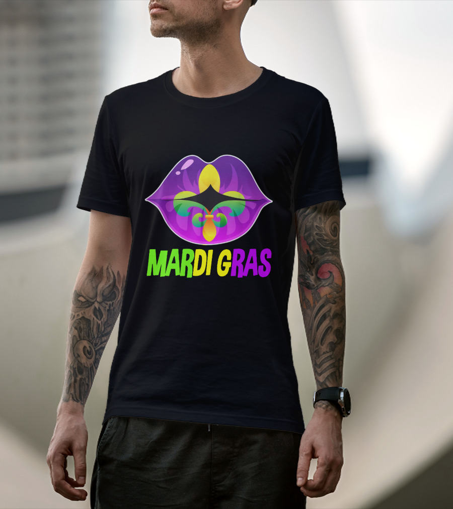 Mardi Gras Lip Fleur De Lis Purple Green Yellow T-Shirt