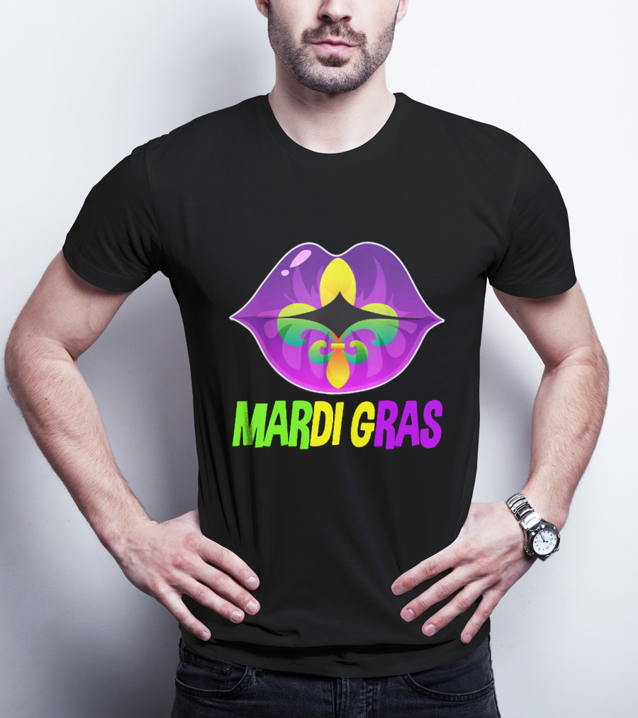 Mardi Gras Lip Fleur De Lis Purple Green Yellow T-Shirt