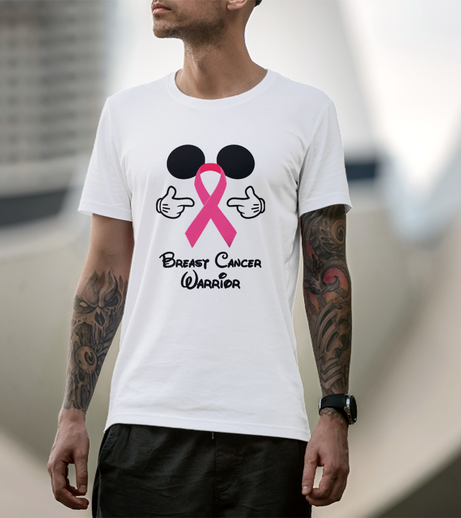 Breast Cancer Warrior With Mickey Ears And Pink Ribbon Illustrative T-Shirt