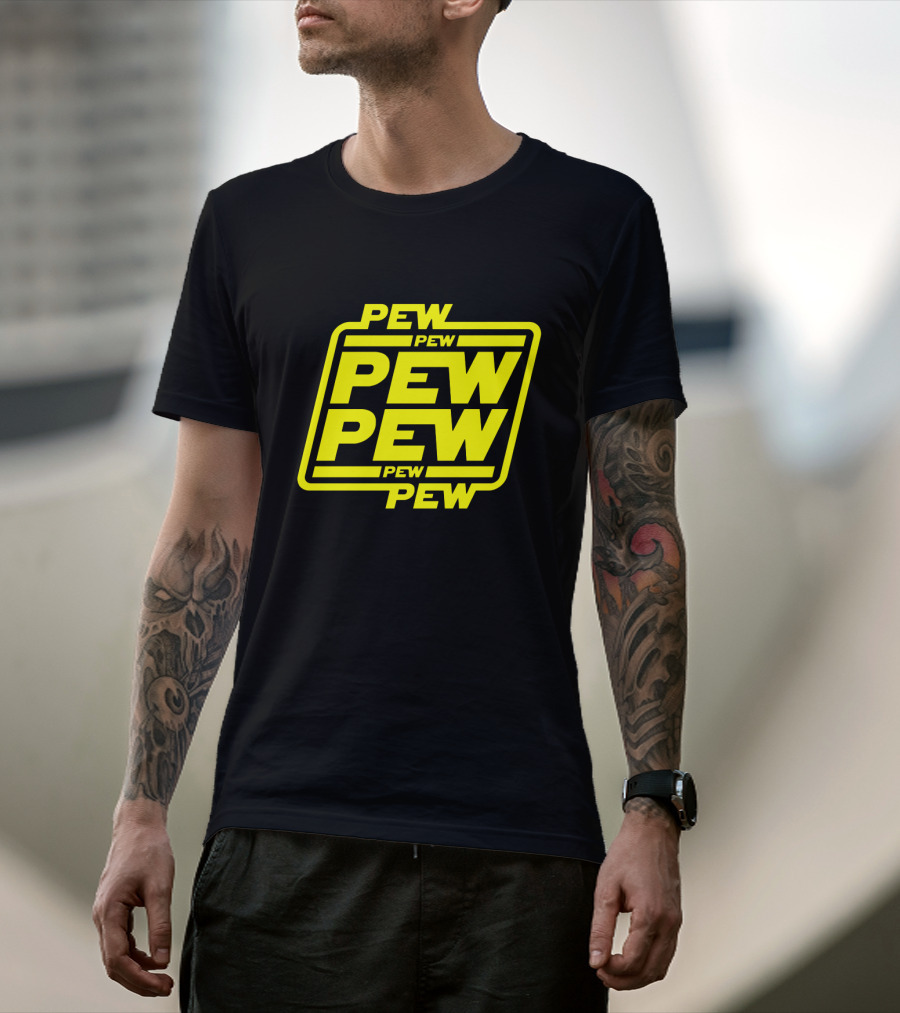 Pew Pew Pew Star Wars Bold Yellow Black Background Retro Style T-Shirt