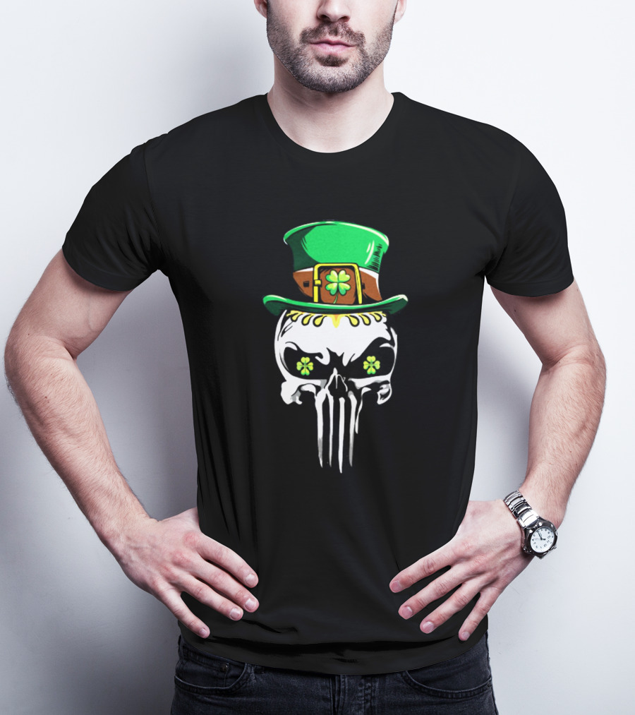 Punisher Skull With Green Leprechaun Hat And Shamrock Eyes T-Shirt