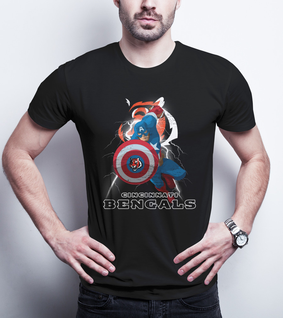 Captain America Cincinnati Bengals Nfl Lightning Shield T-Shirt