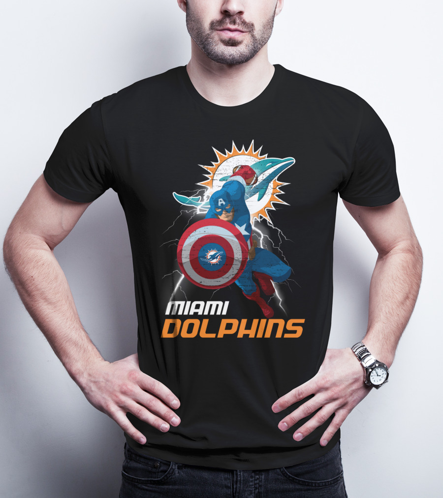 Captain America Miami Dolphins Nfl Lightning Action T-Shirt