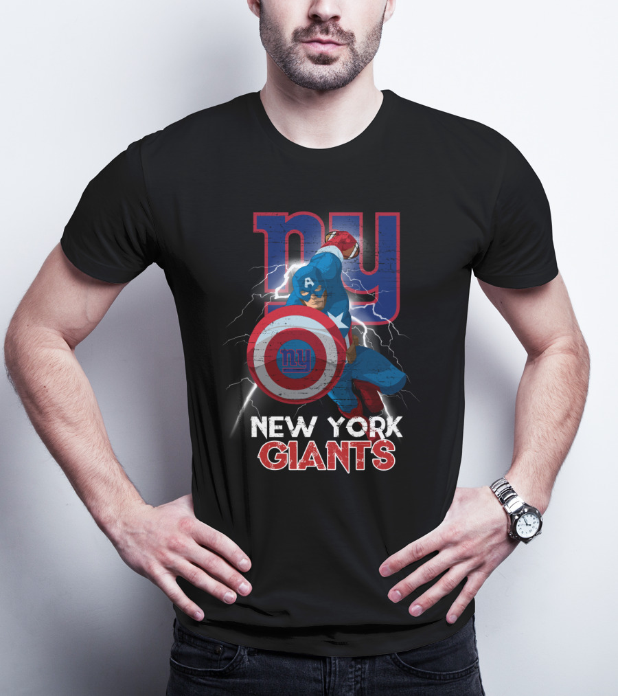 Captain America New York Giants Nfl Superhero Shield Lightning Action T-Shirt