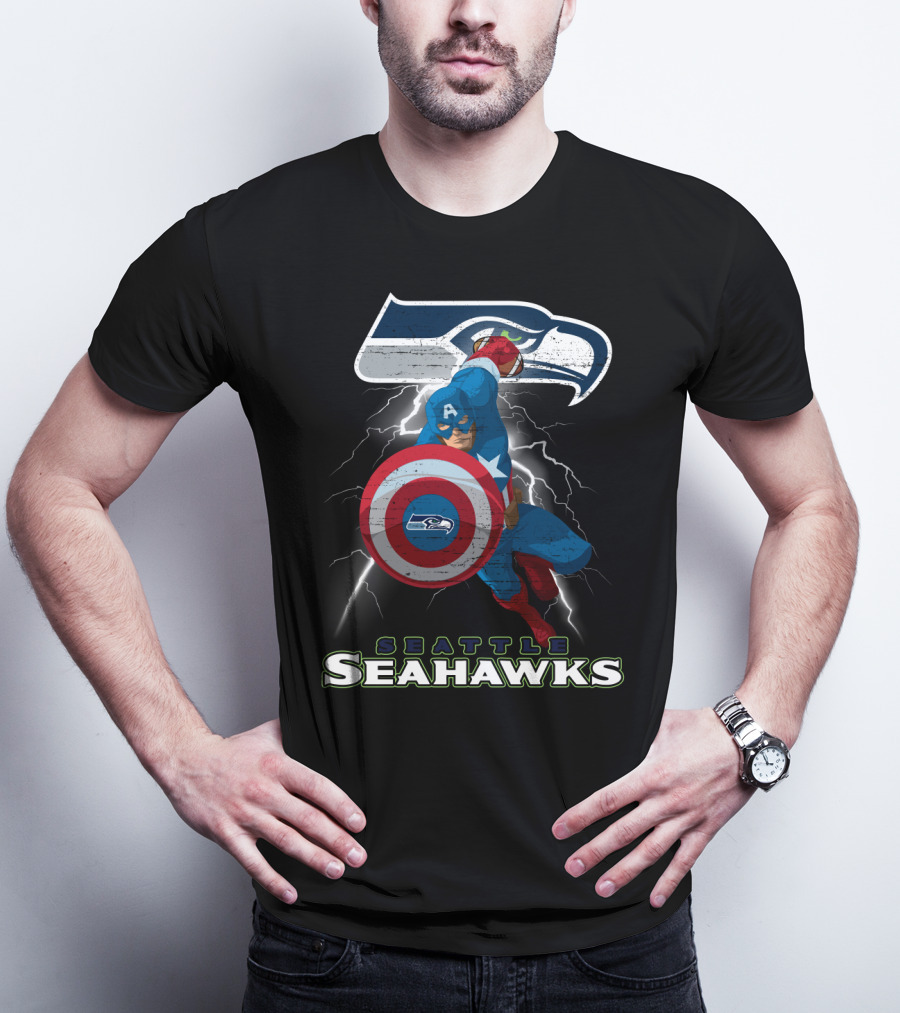 Captain America Seattle Seahawks Nfl Football Crossover Superhero Logo Lightning T-Shirt