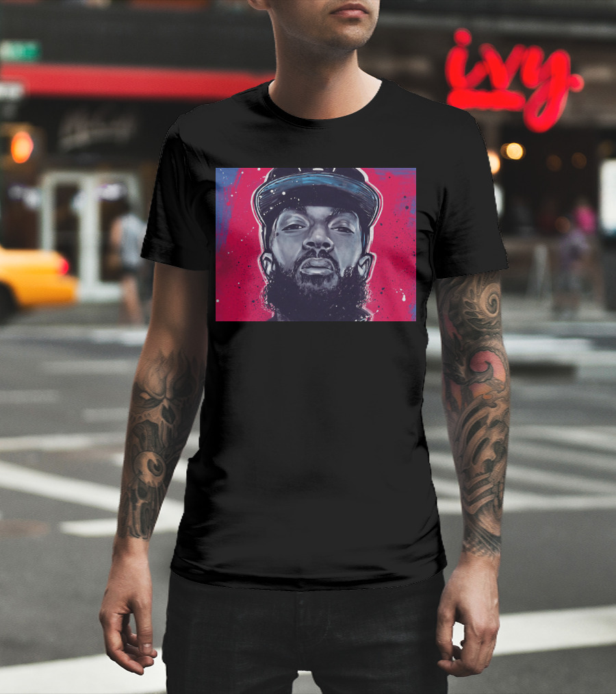 Nipsey Hussle Bold Street Style Portrait With Cap And Vibrant Red Blue T-Shirt