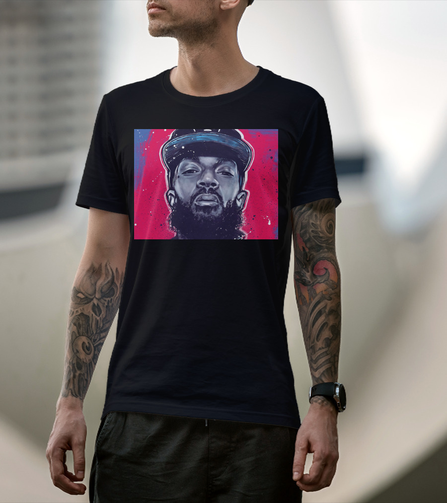 Nipsey Hussle Bold Street Style Portrait With Cap And Vibrant Red Blue T-Shirt