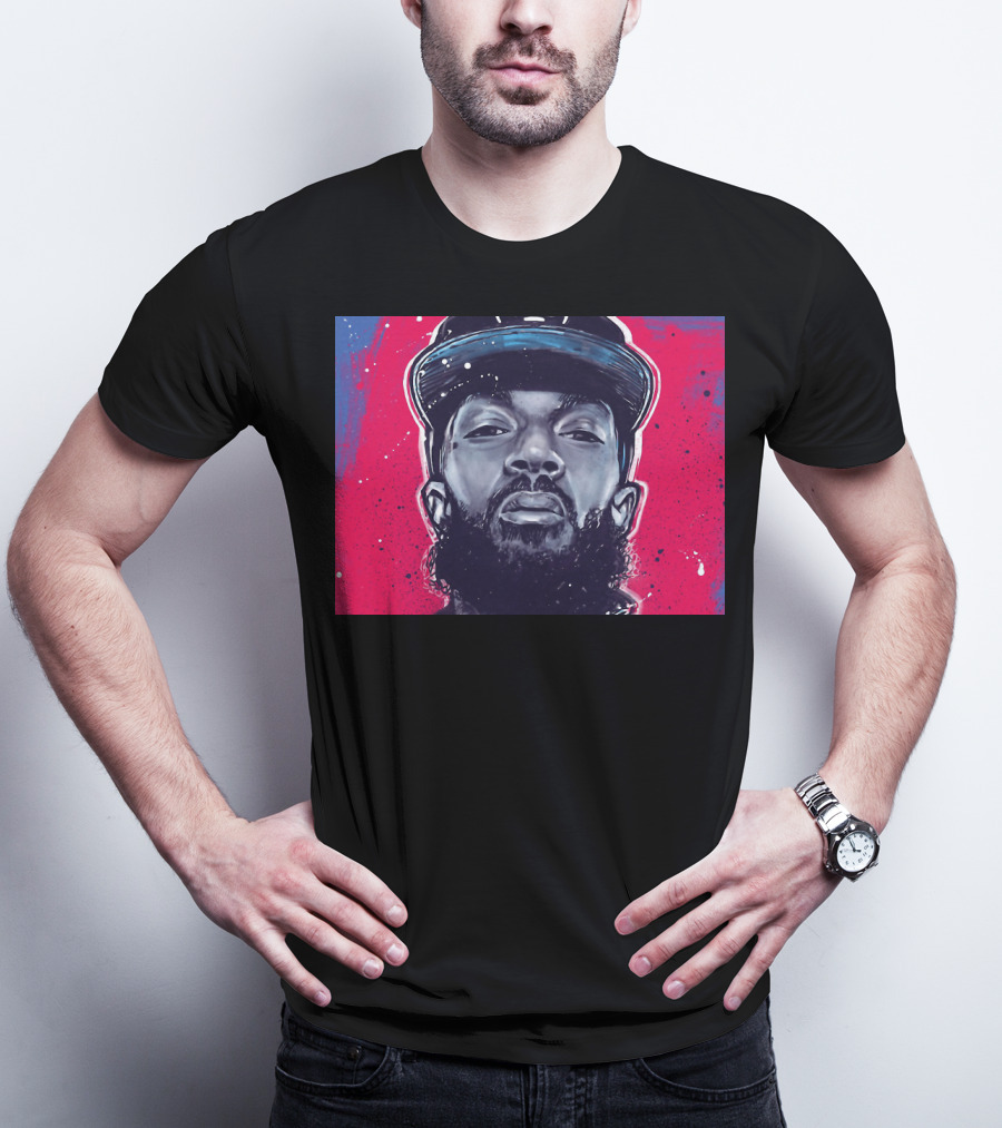 Nipsey Hussle Bold Street Style Portrait With Cap And Vibrant Red Blue T-Shirt