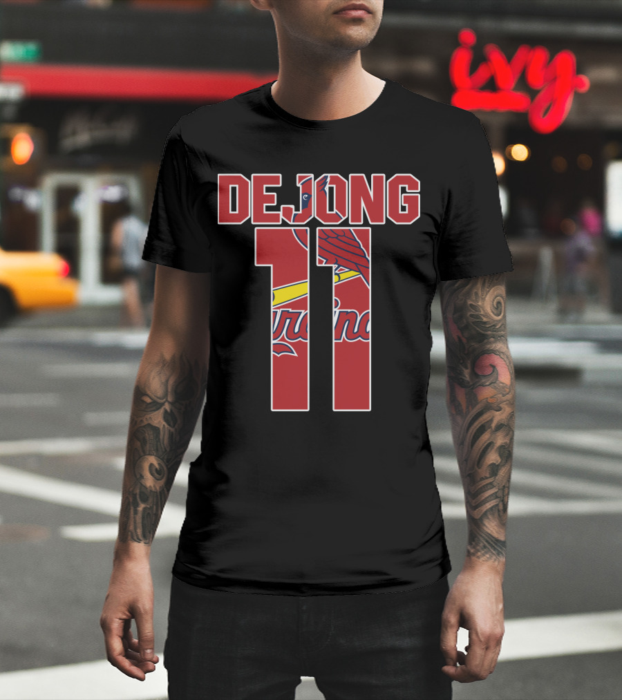 St. Louis Cardinals DeJong 11 Logo With Cardinals Text And Bird T-Shirt