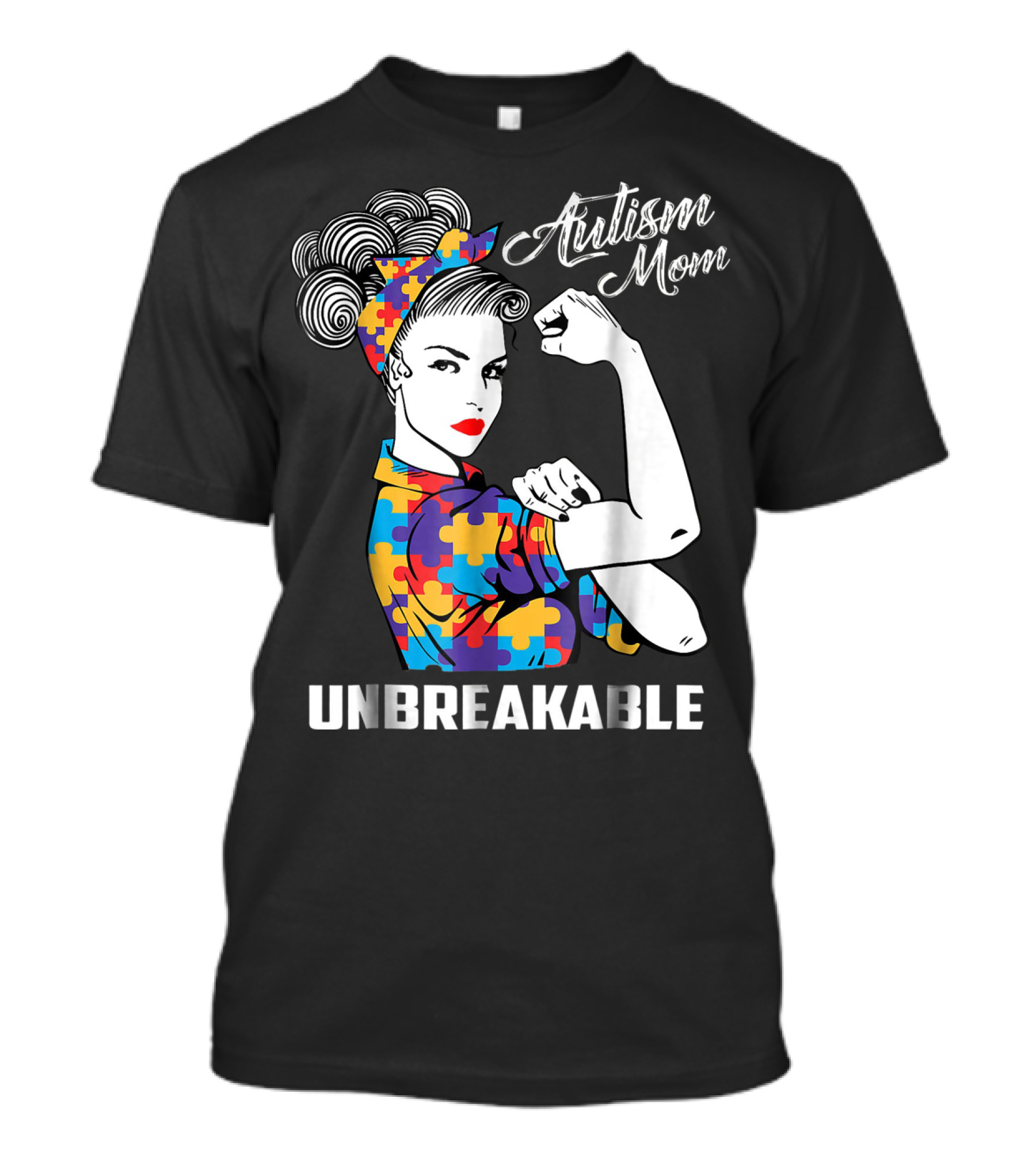 Unbreakable Autism Mom With Puzzle Pattern Retro Rosie The Riveter T-Shirt