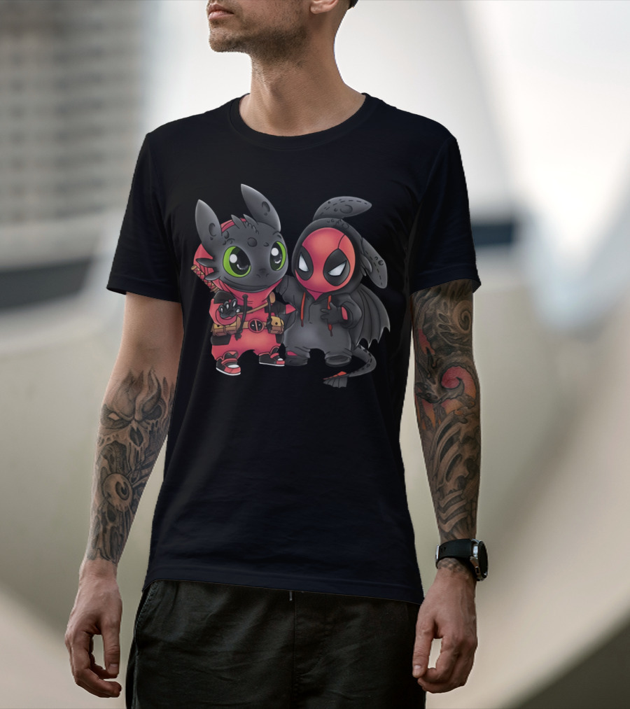 Baby Toothless And Deadpool Mashup Crossover Featuring Cute Duo With Iconic Red And Black Costume Elements T-Shirt