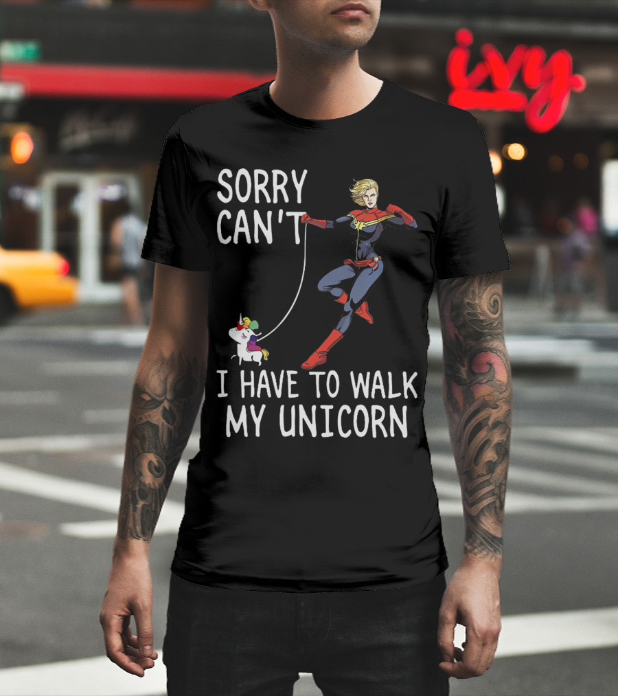 Captain Marvel Sorry Can't I Have To Walk My Unicorn T-Shirt