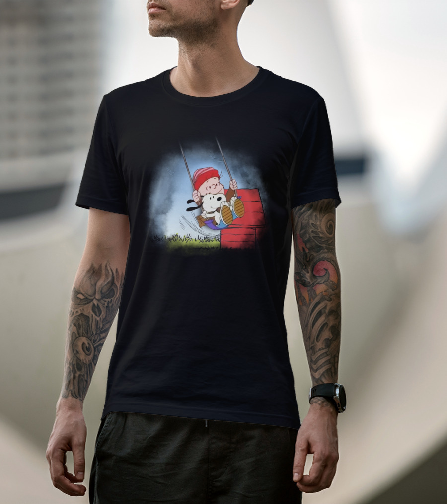 Charlie Brown And Snoopy Swinging On Doghouse T-Shirt