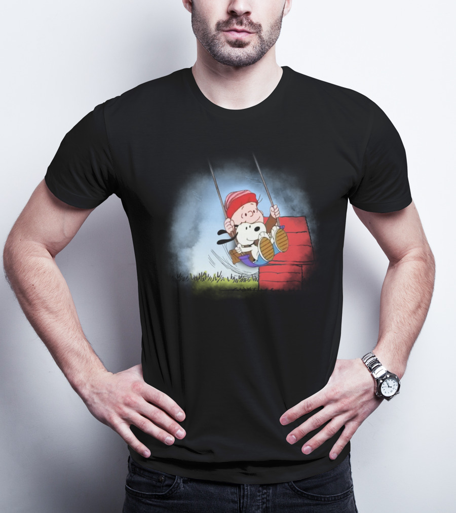 Charlie Brown And Snoopy Swinging On Doghouse T-Shirt