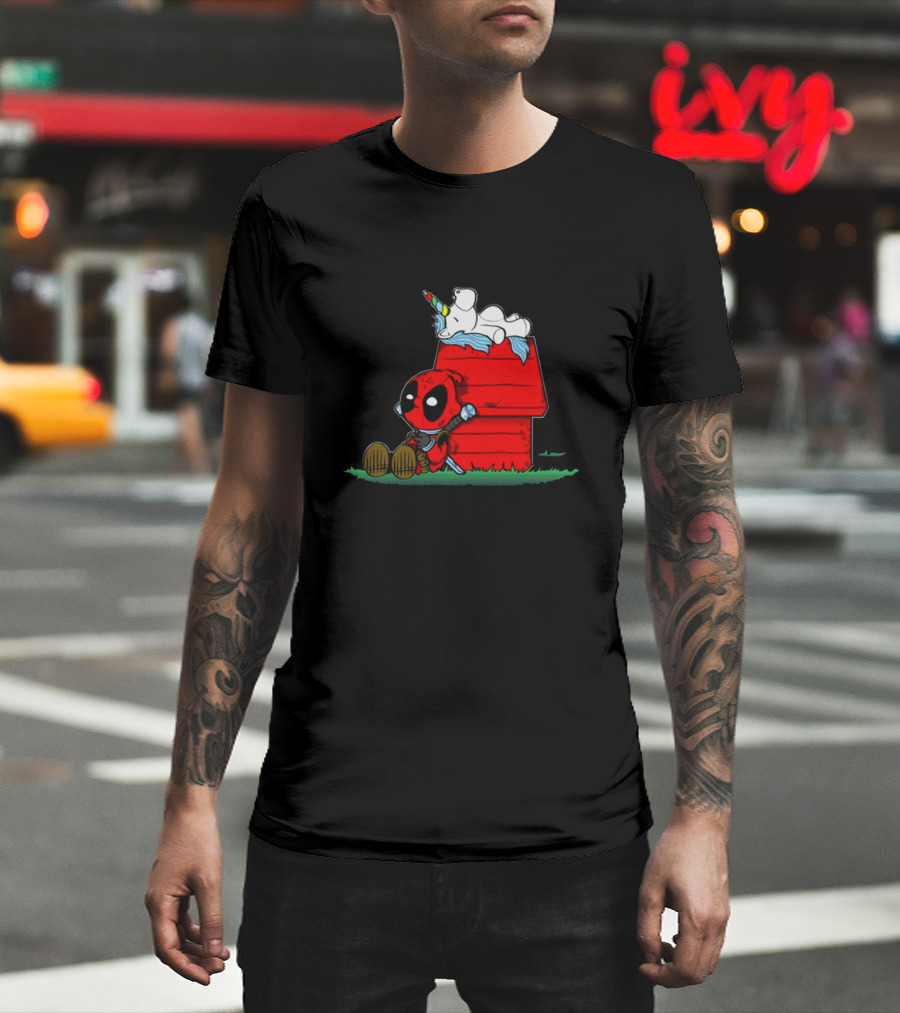 Deadpool And Snoopy Unicorn Crossover On Doghouse With Red And Black Accents T-Shirt