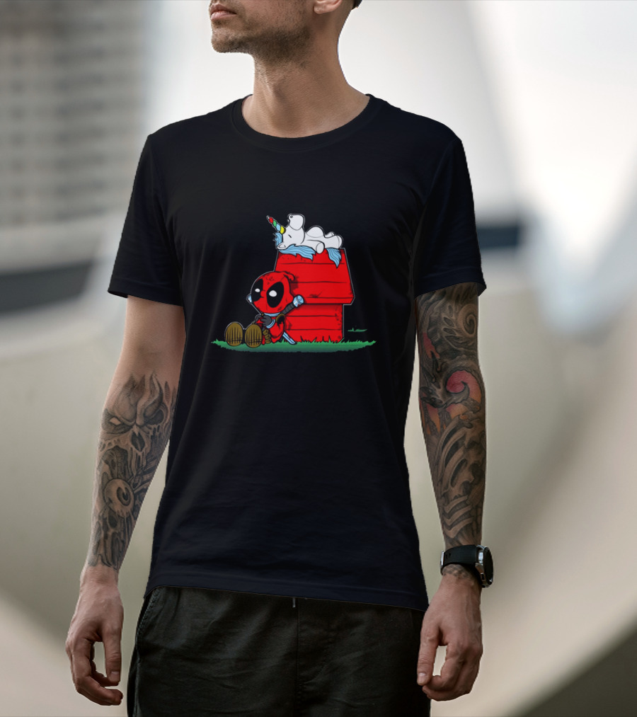 Deadpool And Snoopy Unicorn Crossover On Doghouse With Red And Black Accents T-Shirt