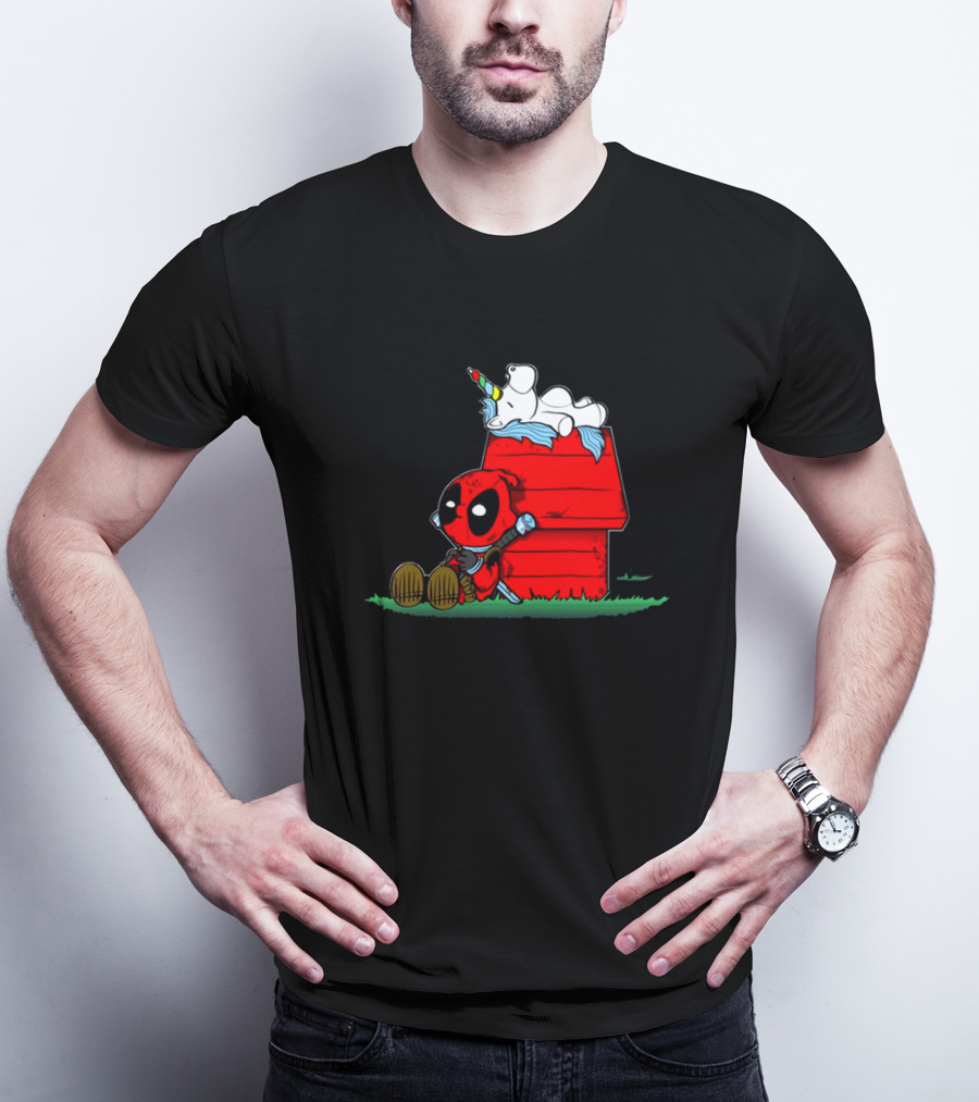 Deadpool And Snoopy Unicorn Crossover On Doghouse With Red And Black Accents T-Shirt