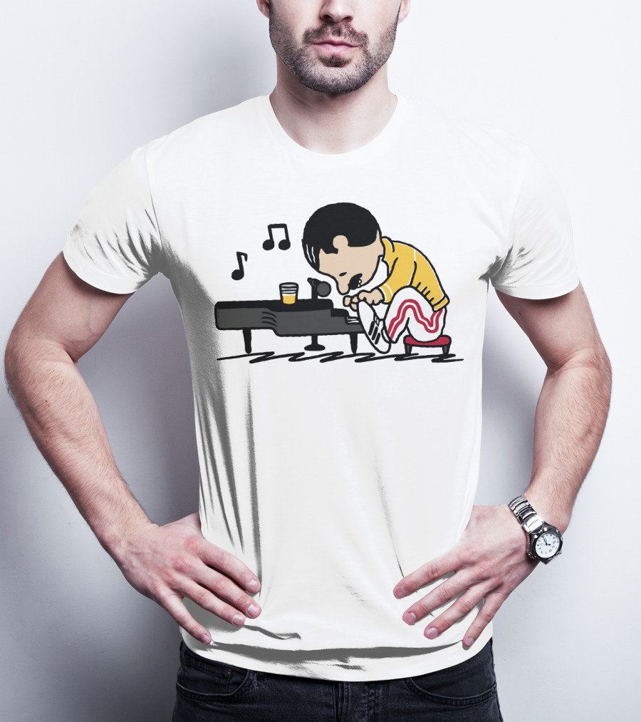 Freddie Mercury Peanuts Piano With Yellow Jacket And Red Stripe Pants T-Shirt