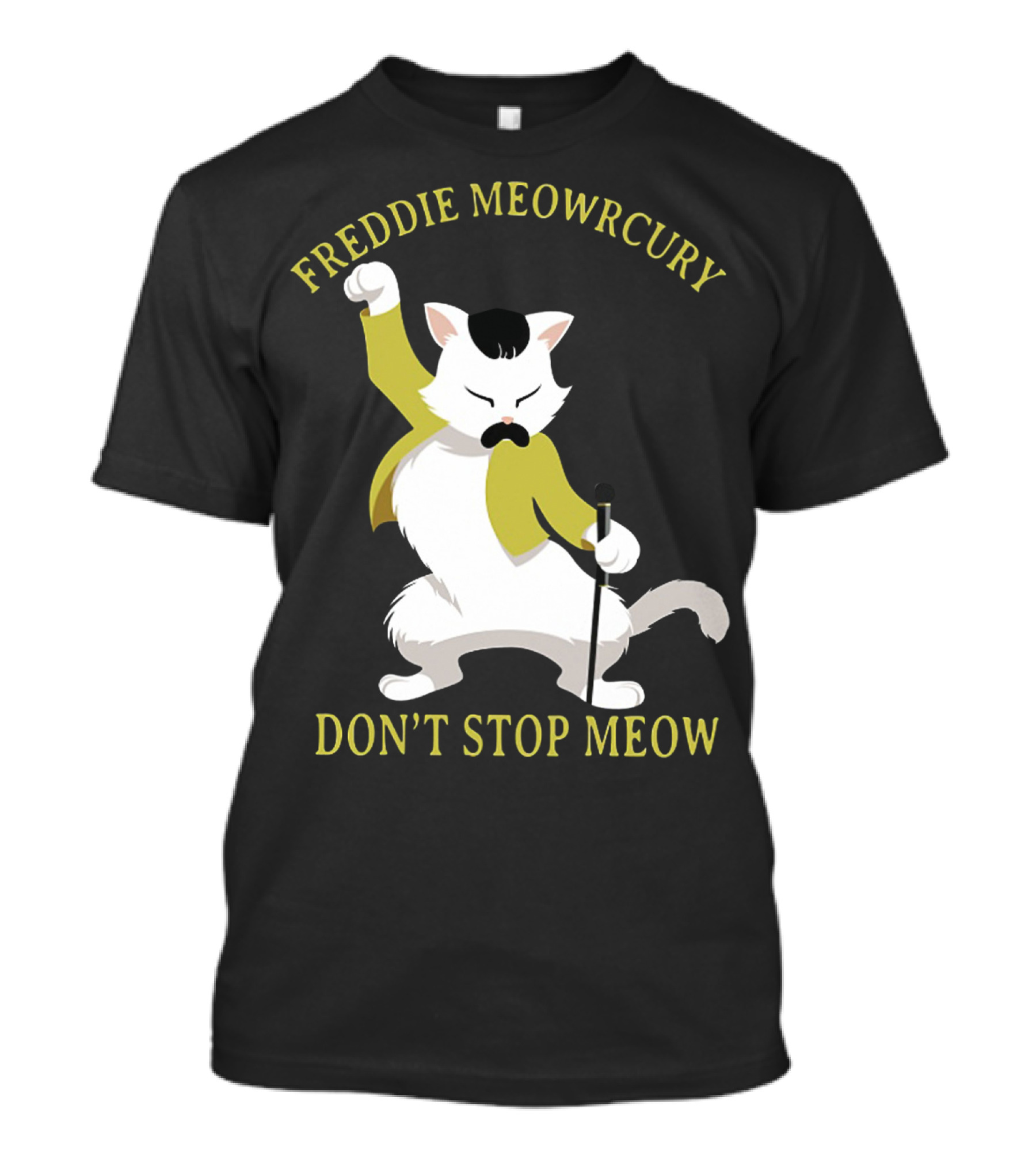 Freddie Meowrcury Don’t Stop Meow Funny Cat Parody With Iconic Pose And Yellow Jacket T-Shirt