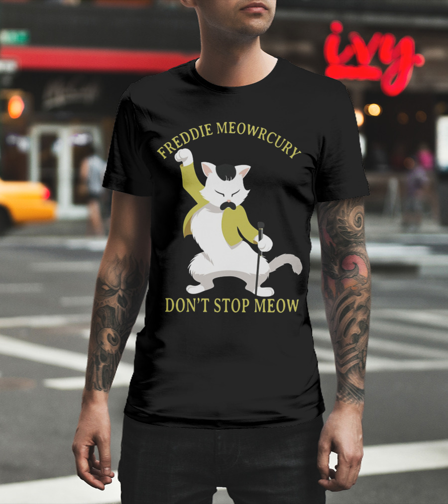 Freddie Meowrcury Don’t Stop Meow Funny Cat Parody With Iconic Pose And Yellow Jacket T-Shirt