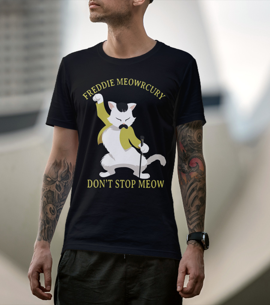 Freddie Meowrcury Don’t Stop Meow Funny Cat Parody With Iconic Pose And Yellow Jacket T-Shirt