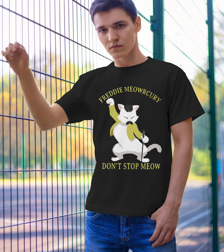 Freddie Meowrcury Don’t Stop Meow Funny Cat Parody With Iconic Pose And Yellow Jacket T-Shirt