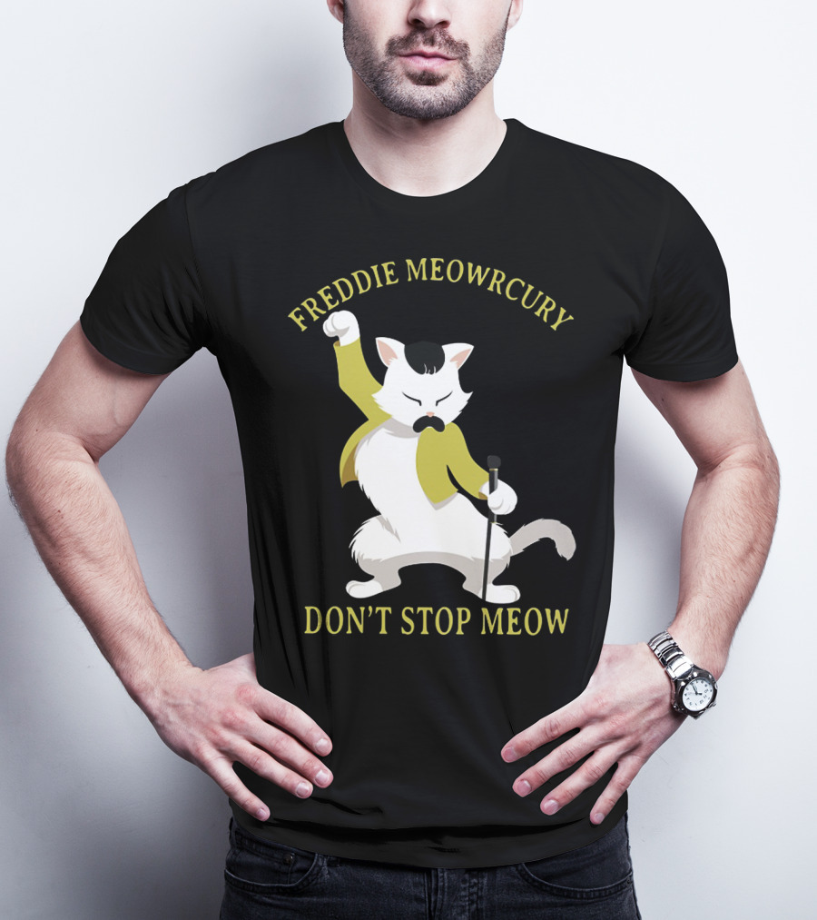 Freddie Meowrcury Don’t Stop Meow Funny Cat Parody With Iconic Pose And Yellow Jacket T-Shirt