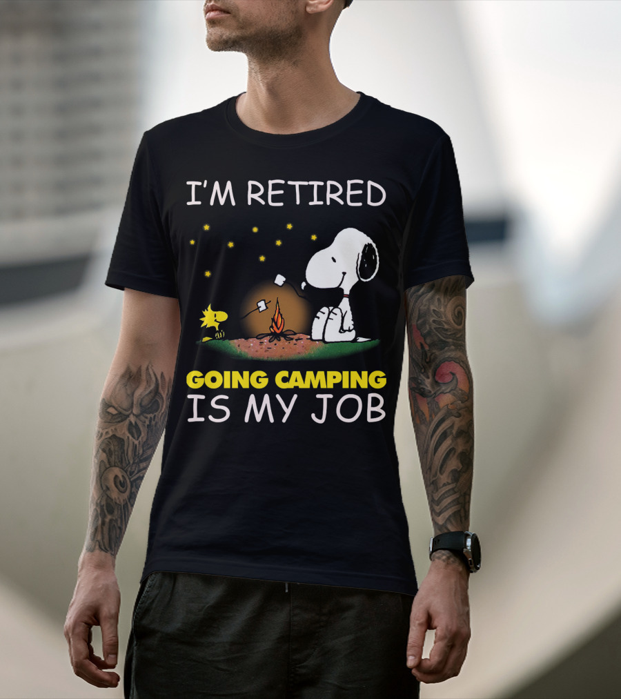 I’m Retired Going Camping Is My Job Snoopy And Woodstock Campfire Scene T-Shirt